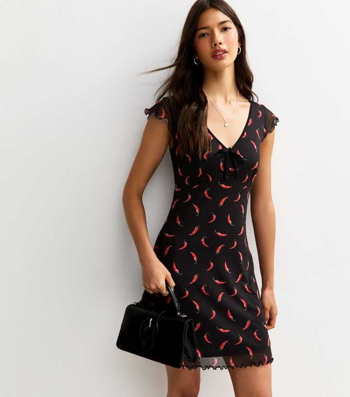 Black Chilli Print V-Neck Mesh Mini Dress | New Look