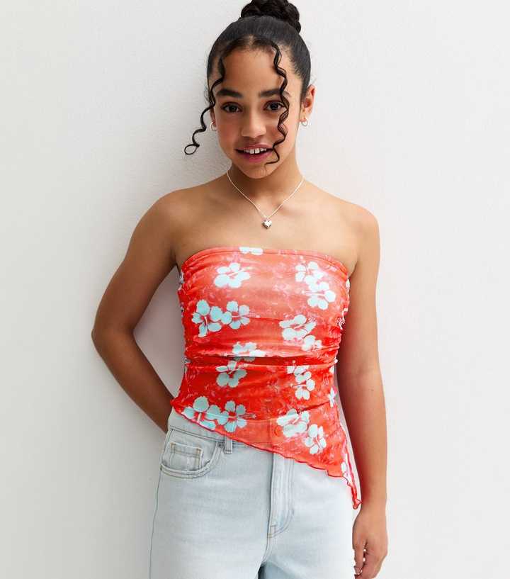 Girls Red Floral Print Ruched Bandeau Top | New Look