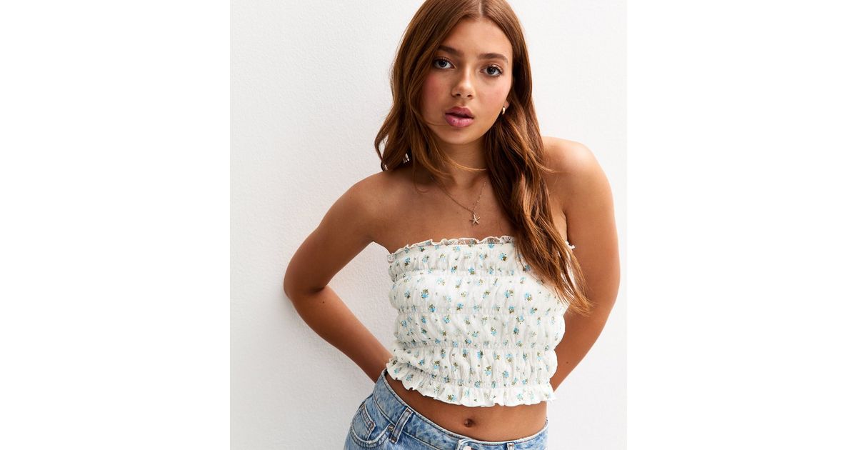 Girls White Floral Print Shirred Lace Bandeau Top | New Look
