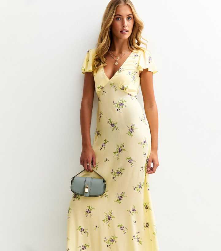 Tall Yellow Floral Print Flutter Sleeve V Neck Midi Dress | New Look