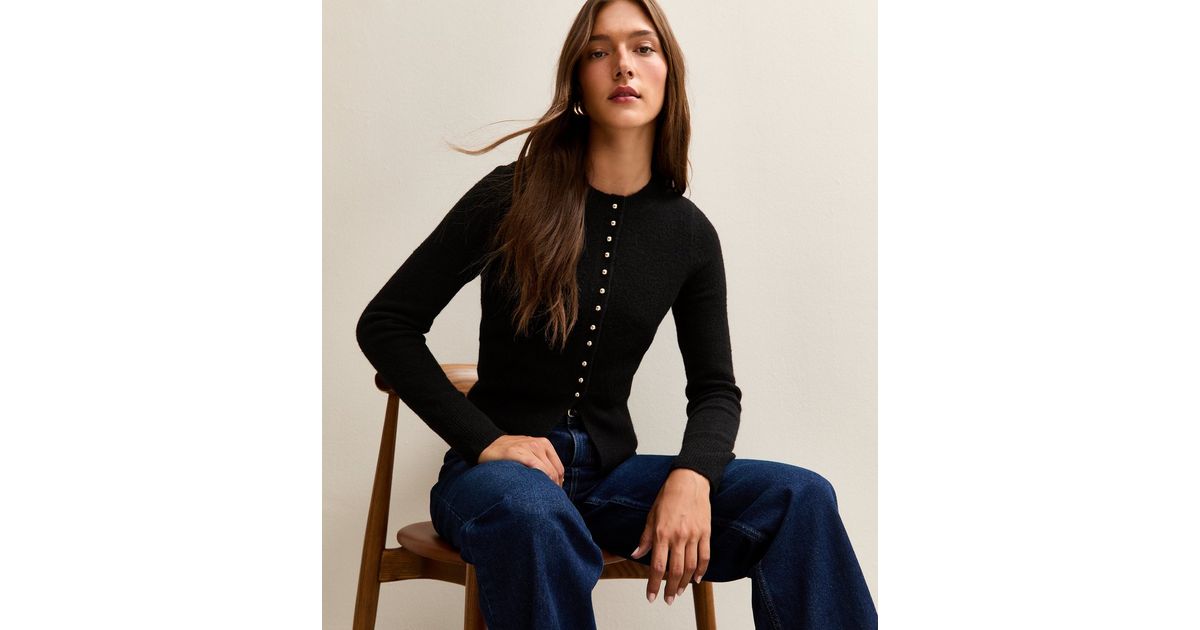 Black Crew Neck Long Sleeve Studded Cardigan | New Look