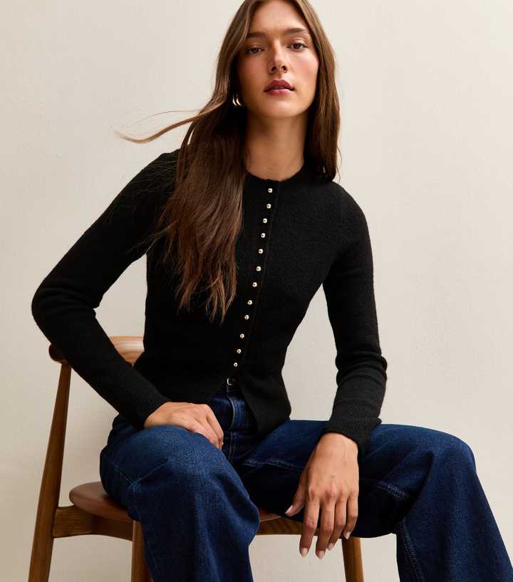 Black Crew Neck Long Sleeve Studded Cardigan | New Look