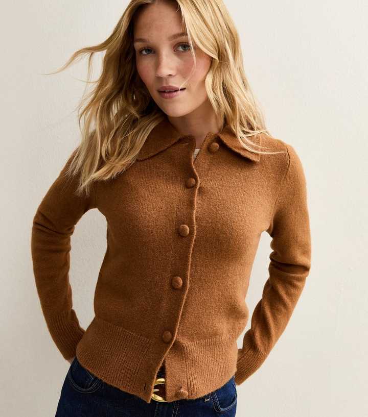 Tan Midweight Knit Collared Cardigan | New Look