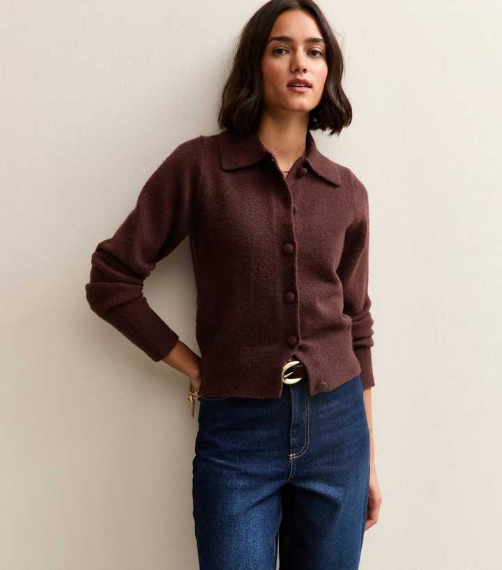 Burgundy Midweight Knit Collared Cardigan | New Look