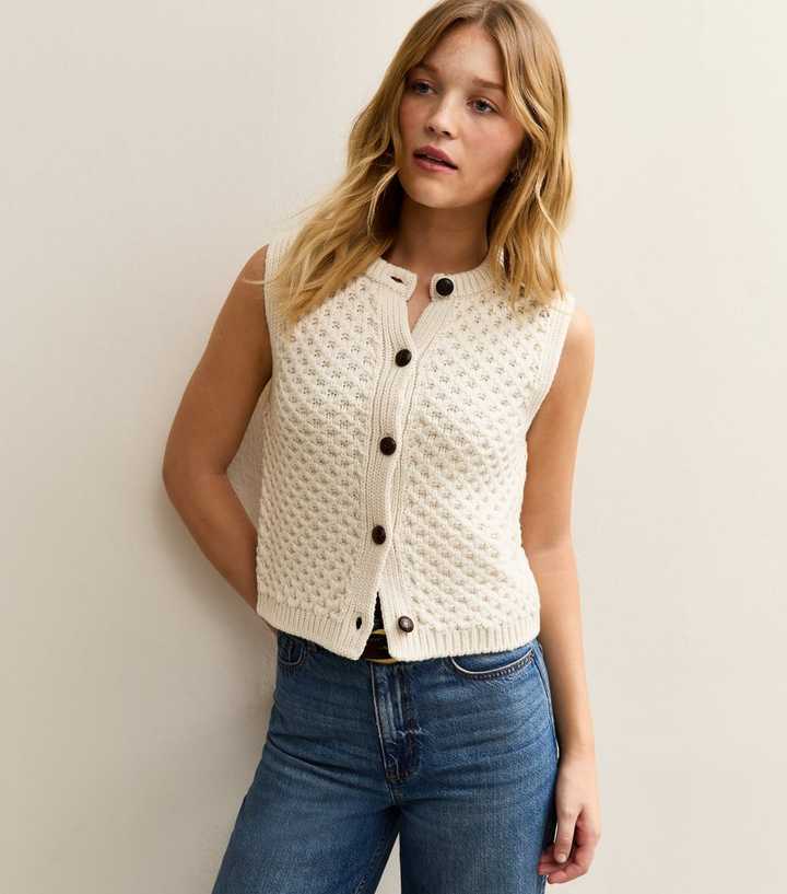 Cream Moss Stitch Buttoned Waistcoat | New Look