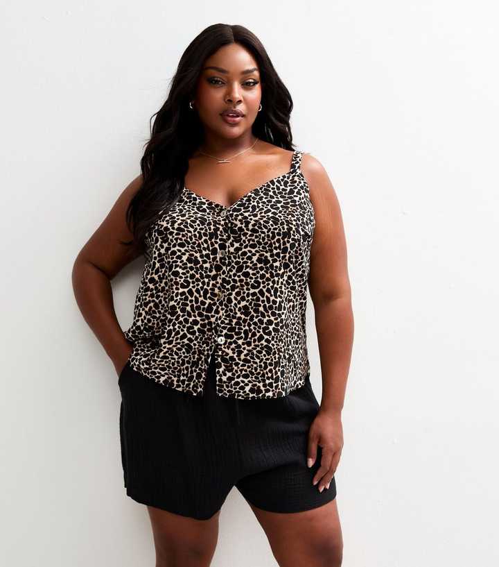 Curves Brown Animal Print Button Up Cami Top | New Look