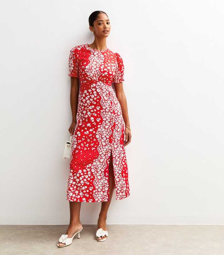Red Crepe Ditsy Print Short Sleeve Midi Dress | New Look
