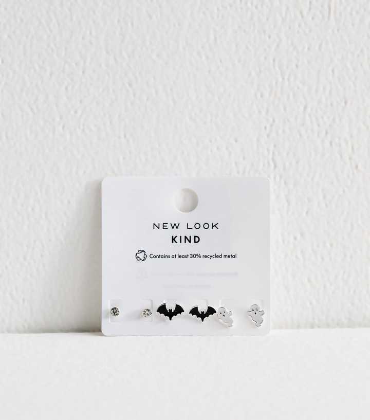 Silver Tone Pack Of 3 Ghost and Bat Stud Earrings | New Look