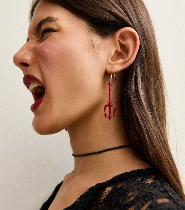 Red Sparkly Devil Fork Drop Earrings | New Look