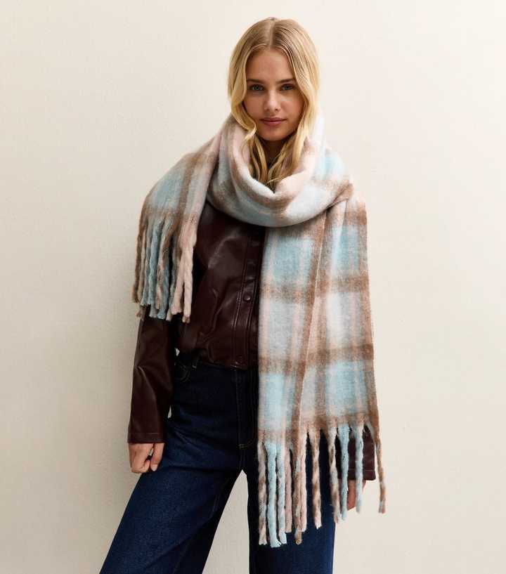Pastel Blue and Pink Check Fringe Scarf | New Look
