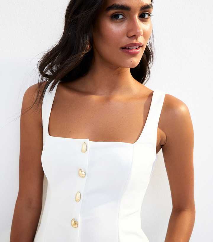 White Square Neck Metallic Button Top | New Look