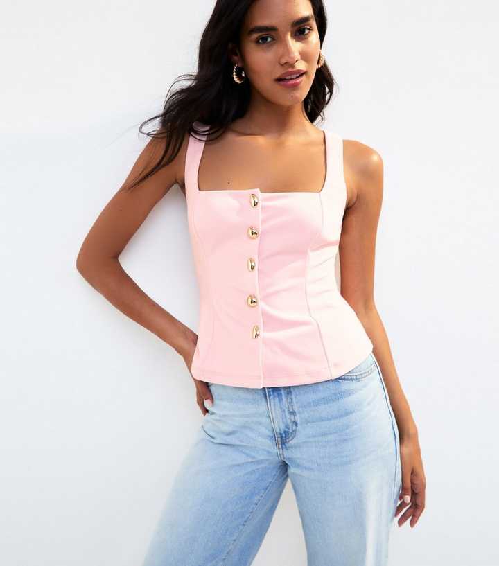 Light Pink Square Neck Metallic Button Top | New Look