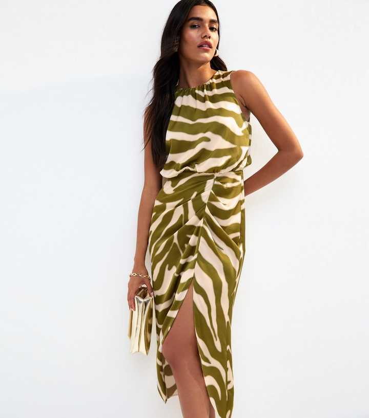 Green Zebra Print Satin Slit Hem Midi Dress | New Look