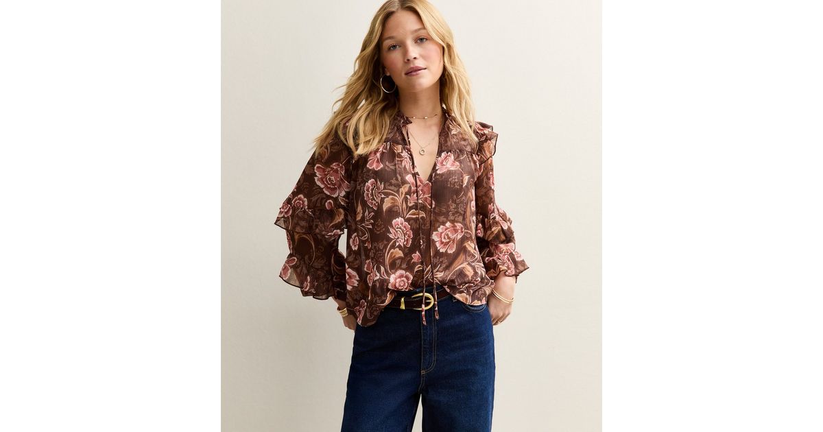 Brown Floral Frilly Flared Sleeve Blouse | New Look
