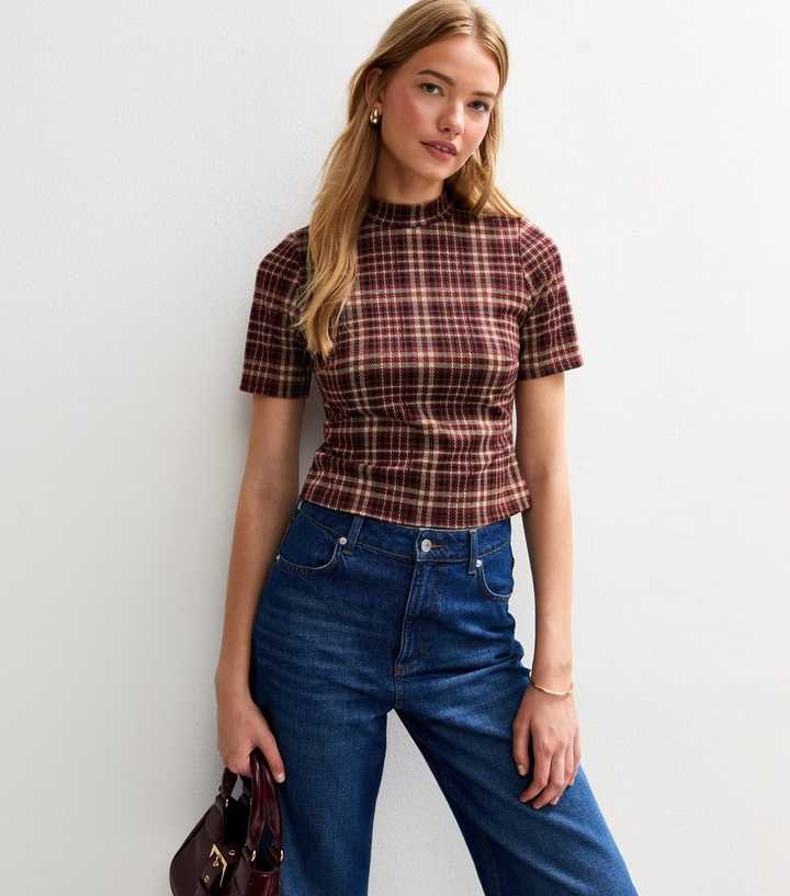 Red Checked High Neck Top | New Look