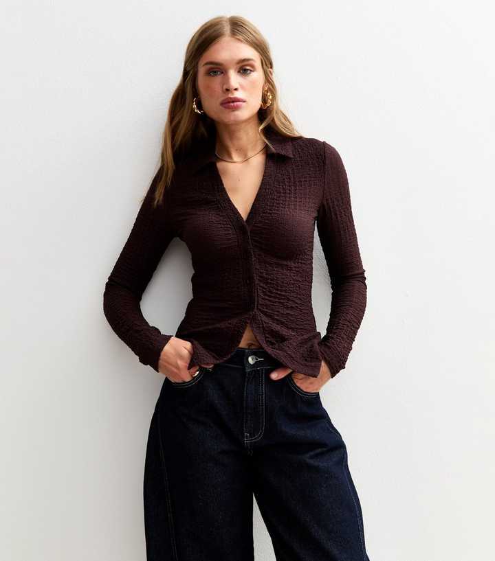 Brown Textured Jersey Collared Long Sleeve Top | New Look