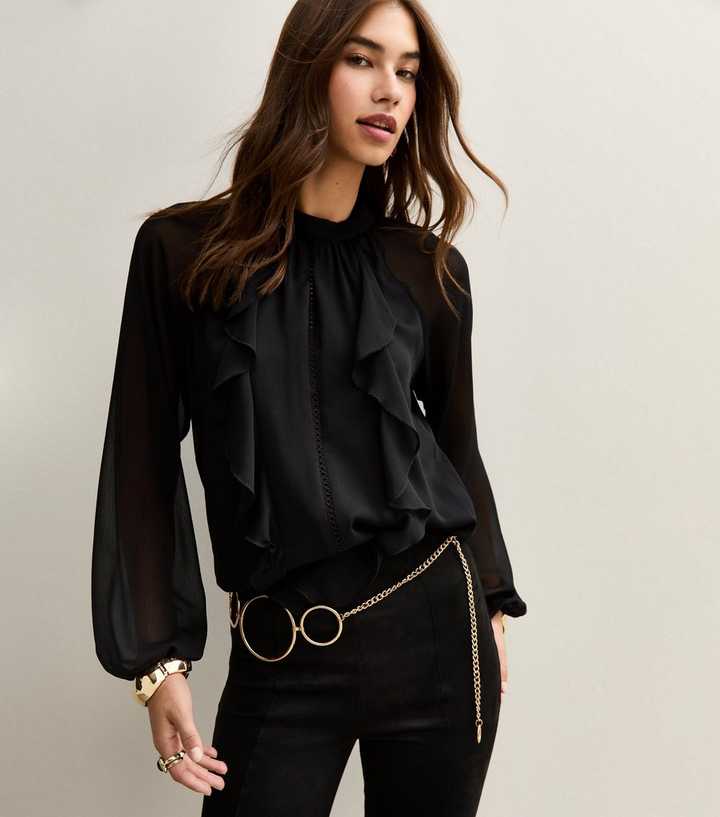 Black Lace Insert Ruffle Trimmed Blouse | New Look