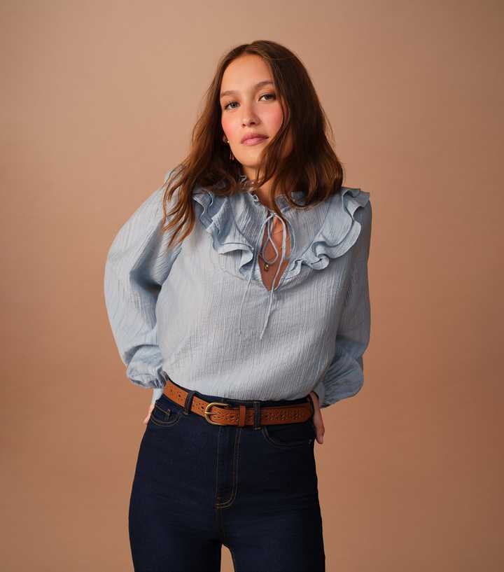 Light Blue Crinkle Texture Frill Tie Neck Blouse | New Look