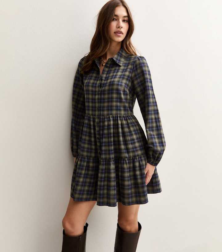 Green Check Print Tiered Smock Mini Dress | New Look