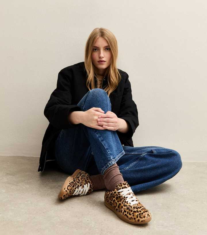 Stone Leopard Print Leather Trainers | New Look
