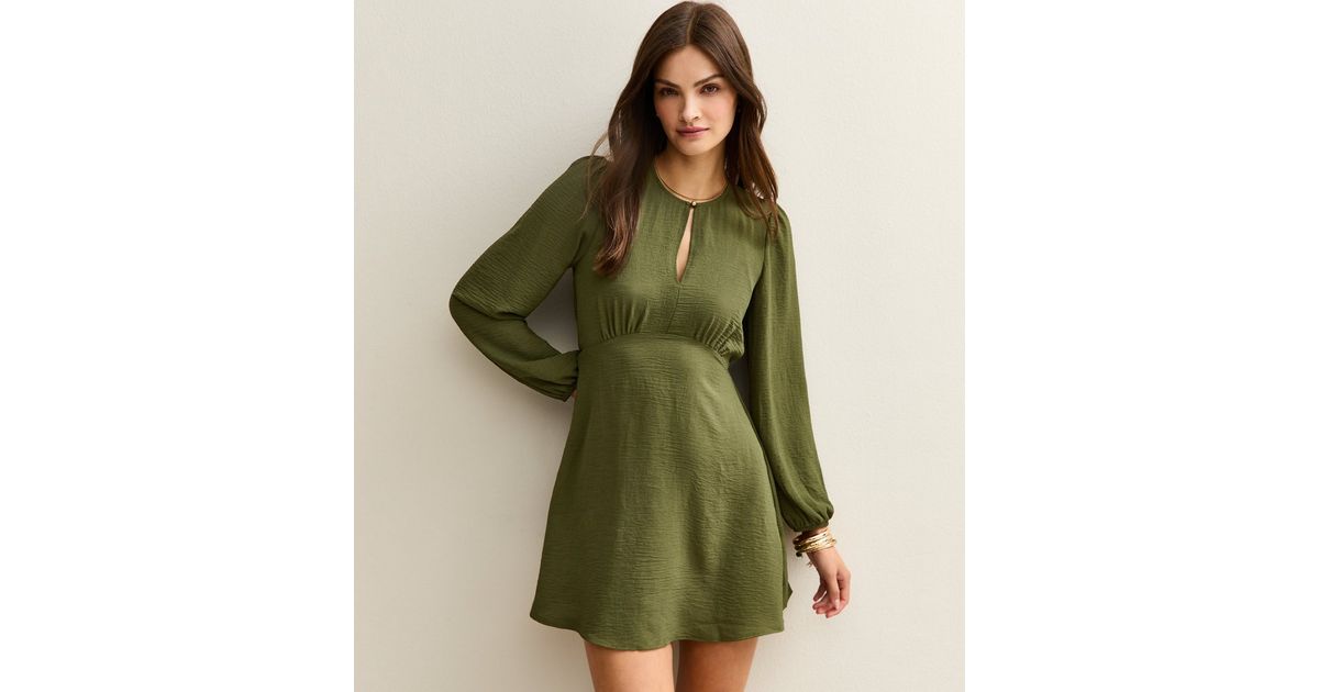 Tall Light Khaki Keyhole Long Sleeve Mini Dress | New Look