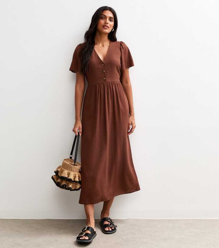 Brown Flutter Sleeve Button Up Midi Dress | New Look