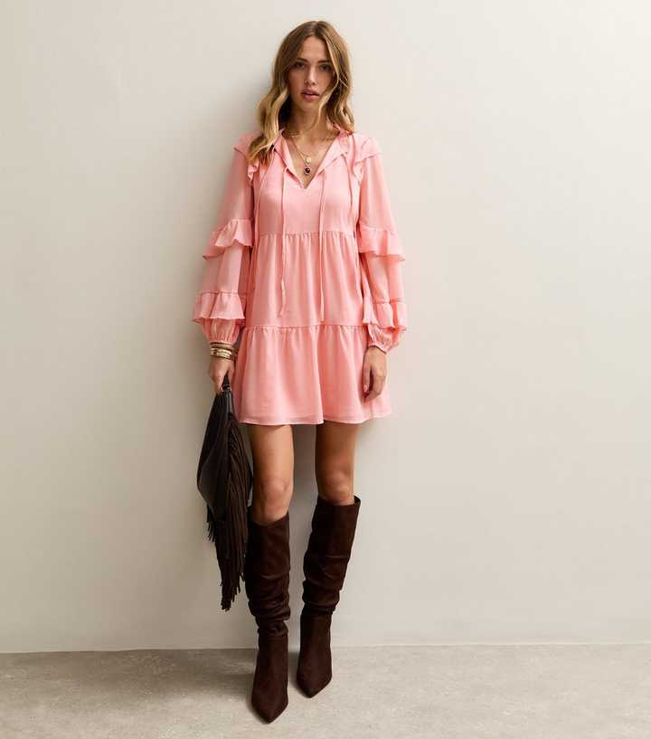 Pink Ruffle Trimmed Tie Neck Chiffon Mini Dress | New Look