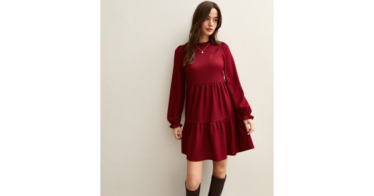 Dark Red Crinkled Ruffled Neck Smock Mini Dress | New Look