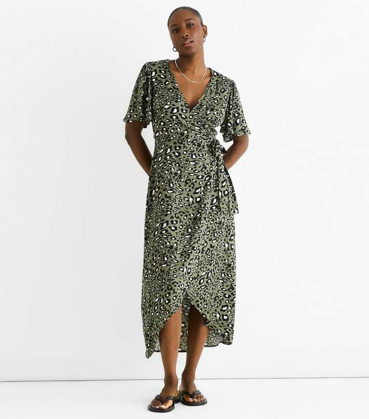 Gini London Olive Green Animal Print Wrap Front Midi Dress | New Look