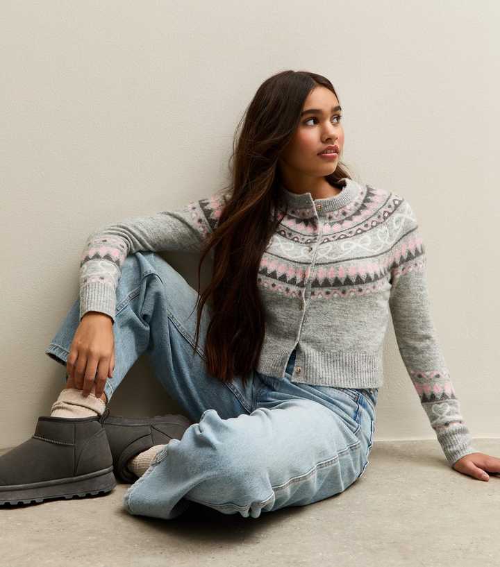 Girls Grey Christmas Fair Isle Knitted Cardigan | New Look