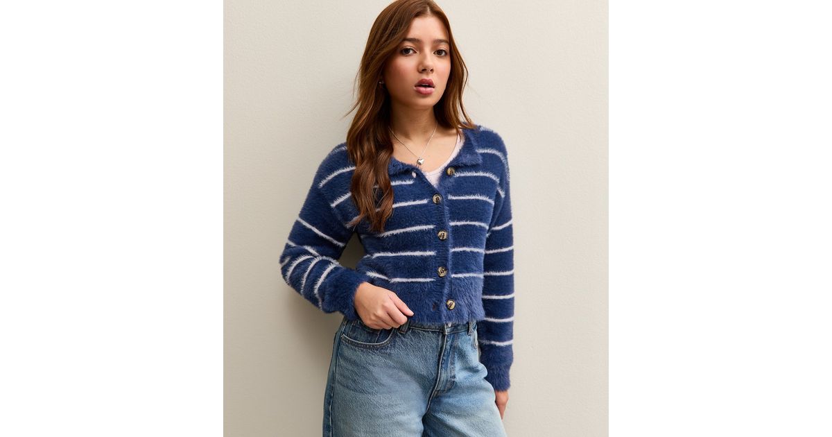 Girls Blue Fluffy Striped Cardigan | New Look