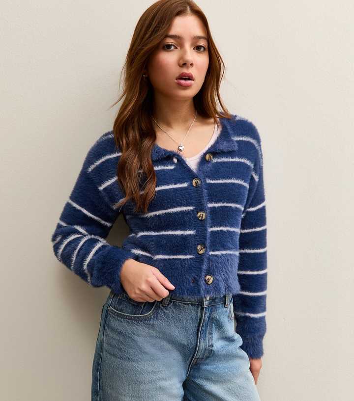 Girls Blue Fluffy Striped Cardigan | New Look