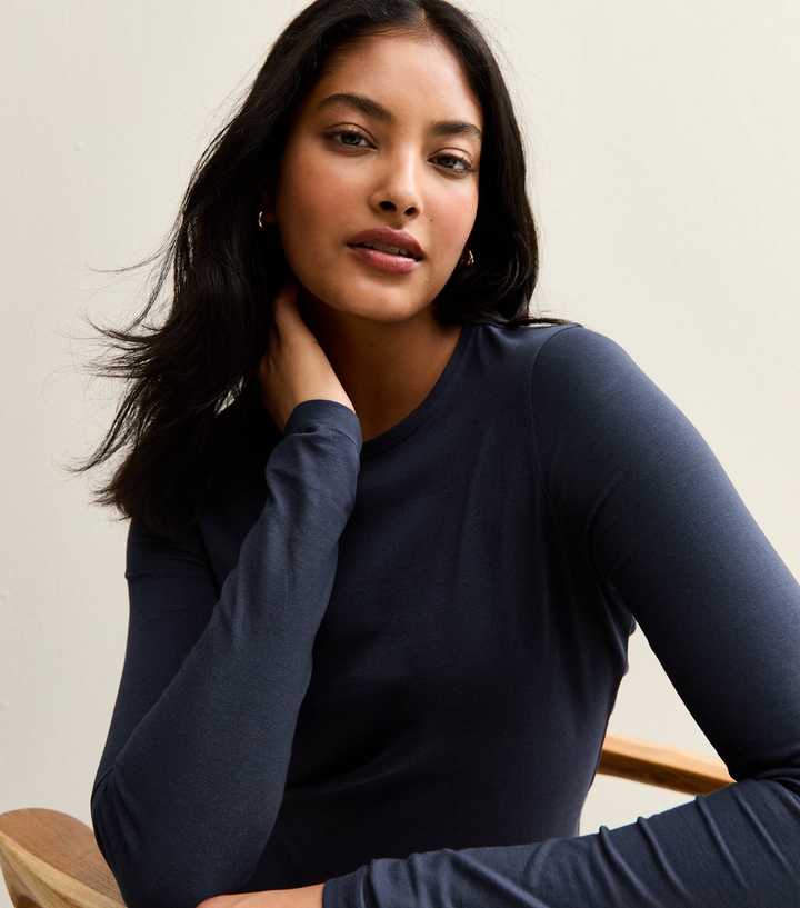 Navy Long Sleeve Crew Neck Top | New Look
