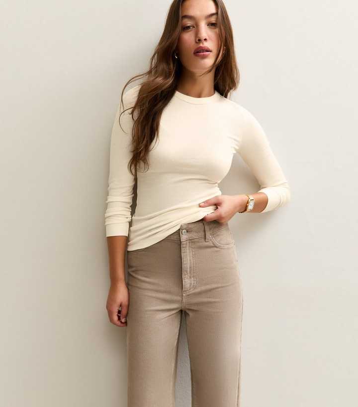 Off White Long Sleeve Ribbed Crew Neck Top | New Look