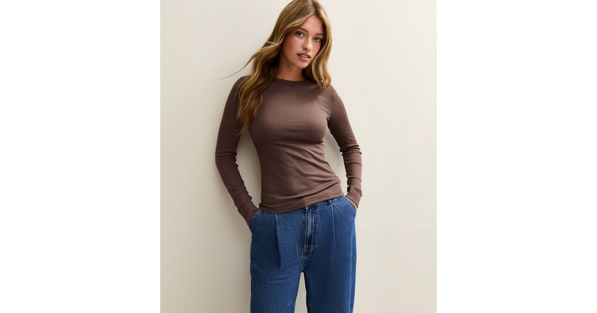 Dark Brown Long Sleeve Ribbed Crew Neck Top | New Look