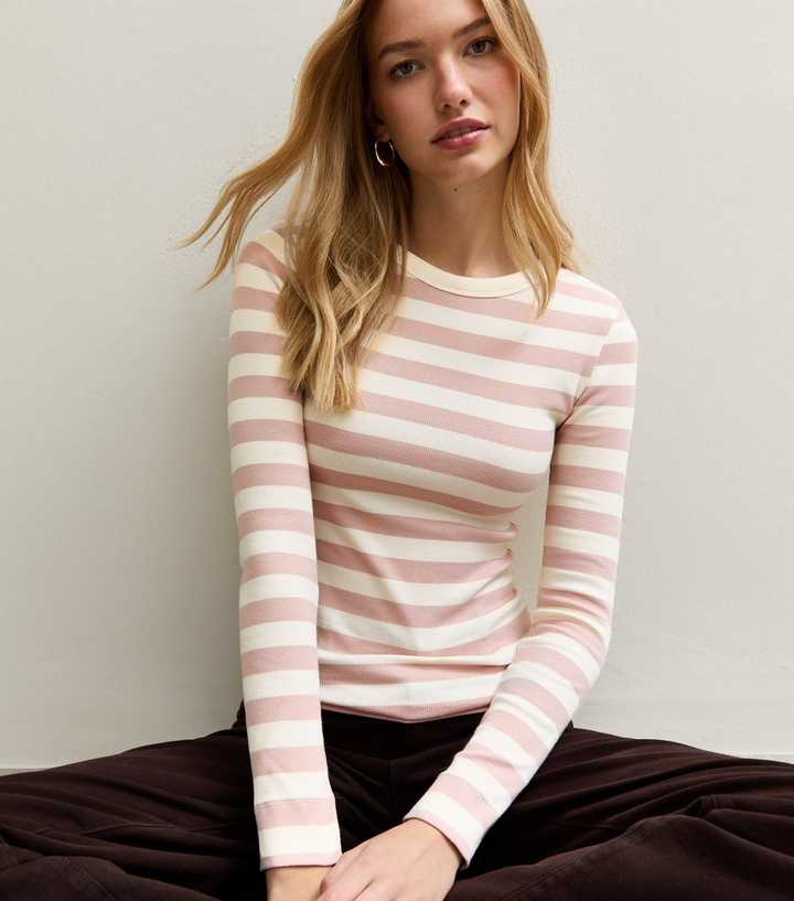 Cream Striped Long Sleeve Ribbed Crew Neck Top | New Look