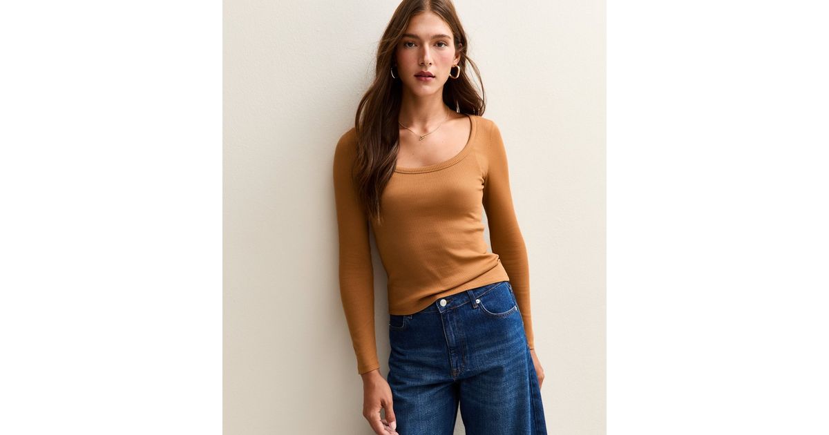 Light Brown Scoop Neck Long Sleeve Ribbed Top | New Look