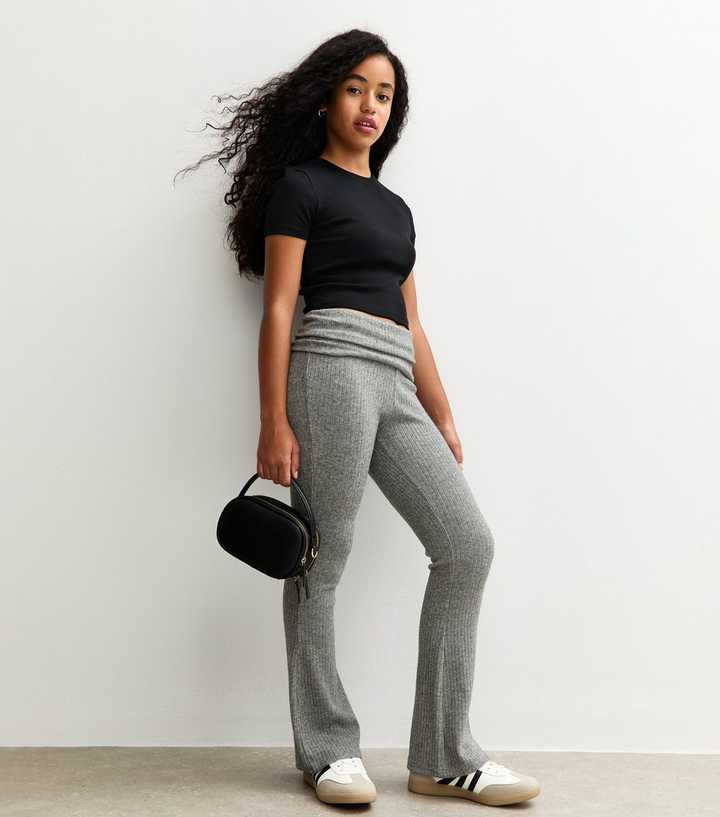 Girls Grey Ribbed Soft Touch Flared Trousers | New Look