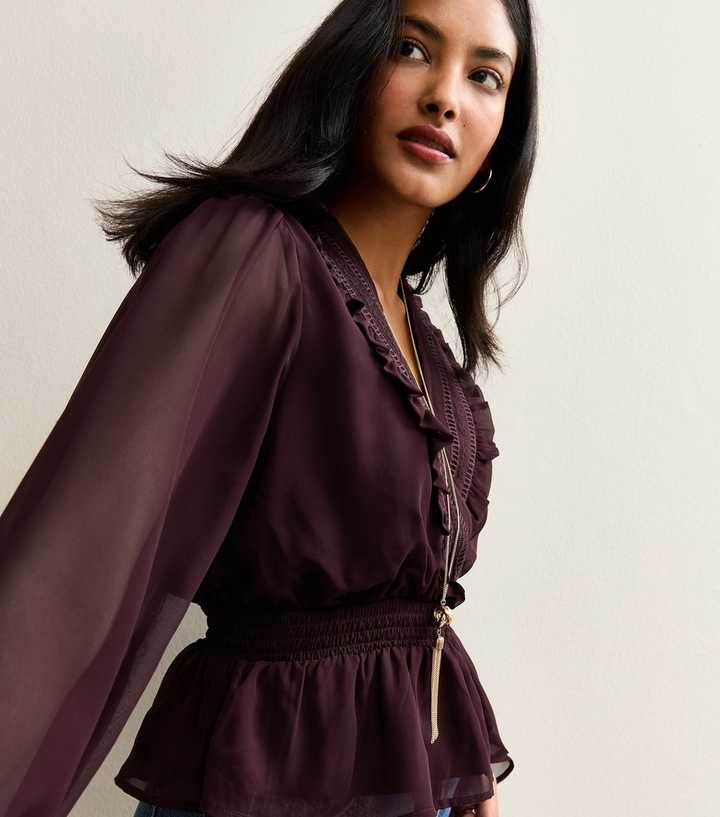 Burgundy V-Neck Shirred Waist Peplum Hem Blouse | New Look