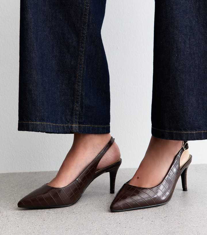 Extra Wide Fit Brown Textured Slingback Court Shoes | New Look