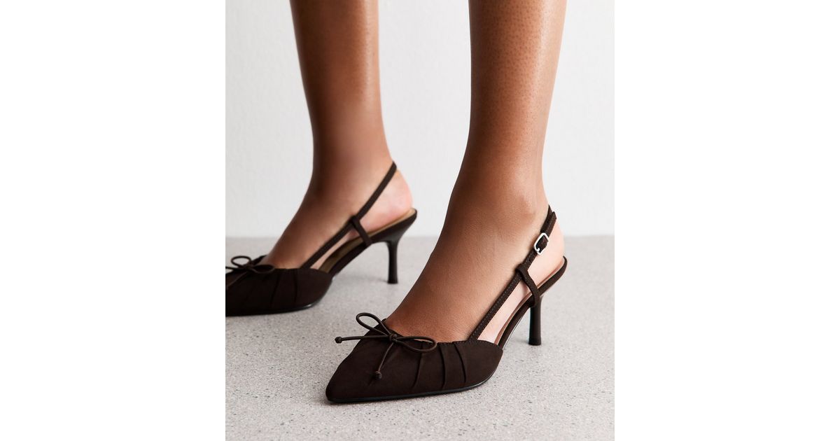 Wide Fit Dark Brown Faux Suede Bow Front Slingback Stiletto Heels | New ...