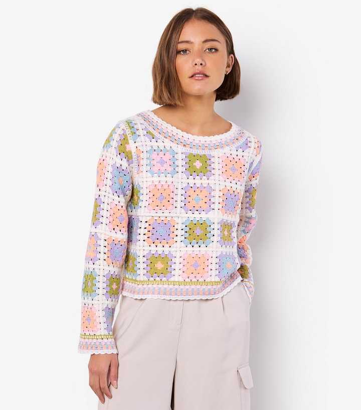 Apricot Pink Square Pattern Crochet Jumper | New Look
