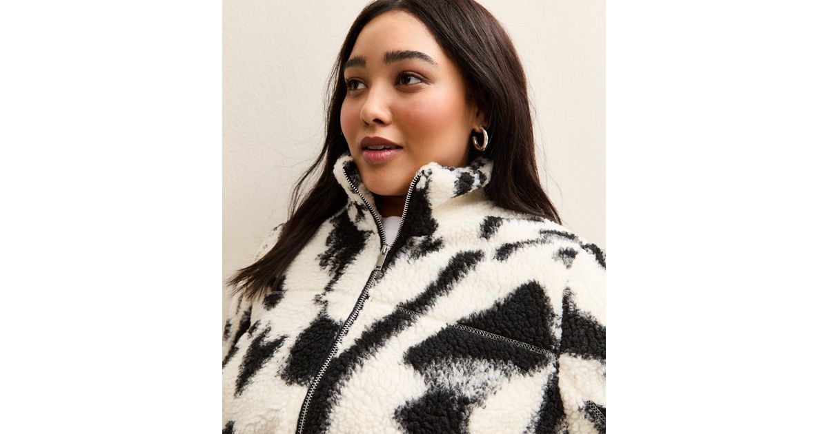 Curves Black Abstract Print Textured Borg Jacket | New Look