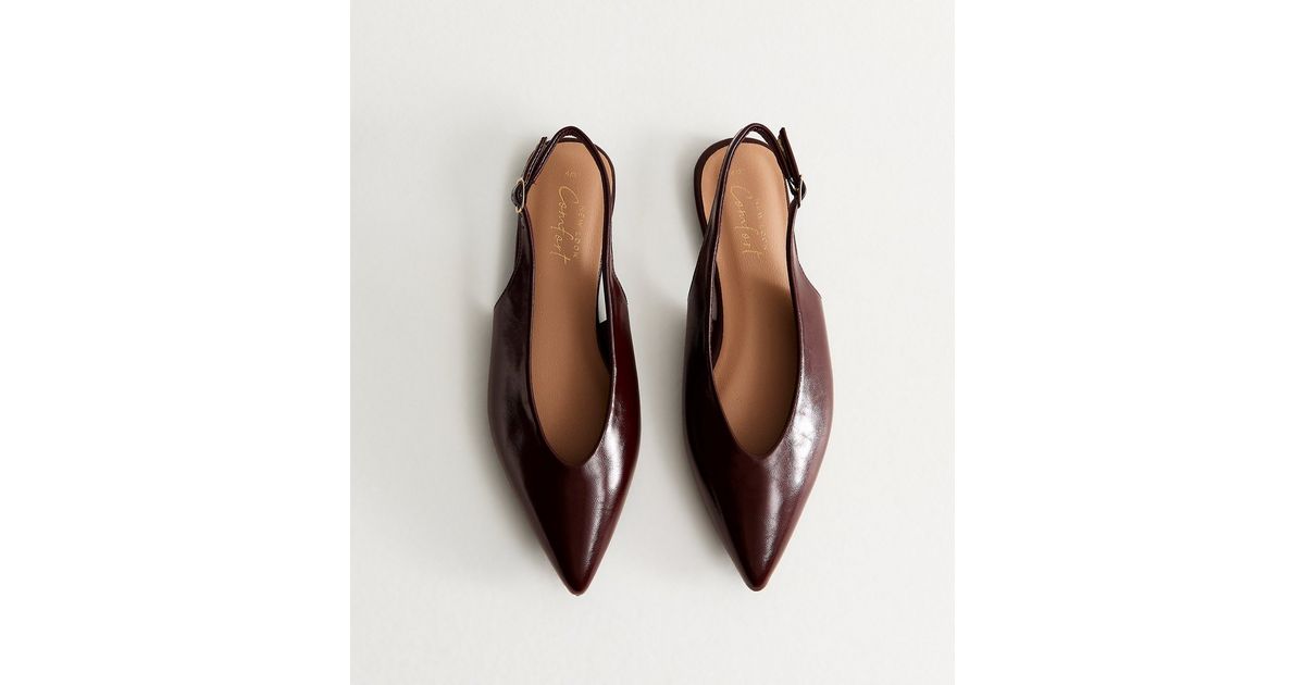 Dark Burgundy Faux Leather High Vamp Slingback Ballerina Flats | New Look