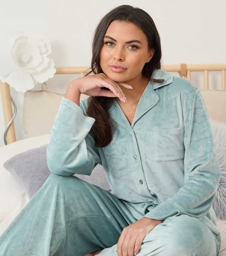 Loungeable Sage Green Super Soft Velour Buttoned Pyjama Set | New Look