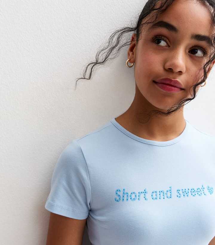 Girls Light Blue Short and Sweet Gem Embellished Baby Tee T-Shirt | New ...