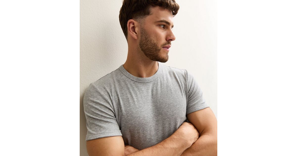 Marl Grey Muscle Fit Ribbed Jersey T-Shirt | New Look
