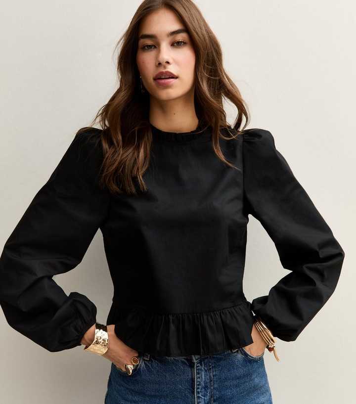 Black Cotton Ruffled Collar Long Sleeve Top | New Look