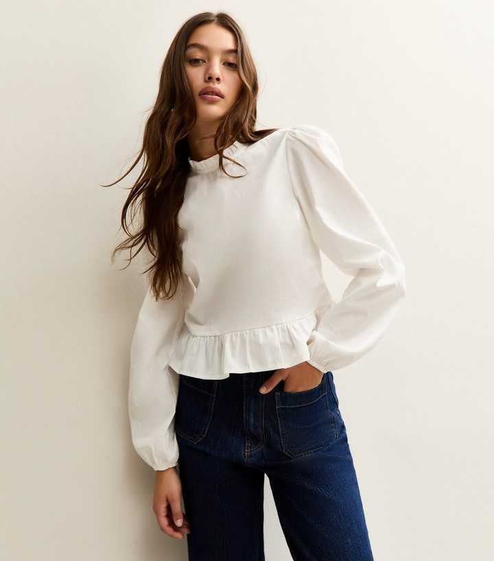 Off White Cotton Ruffled Collar Long Sleeve Top | New Look