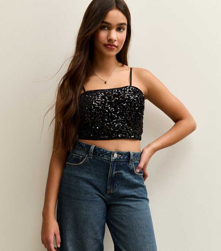 Girls Black Sequin Embellished Cami Top | New Look